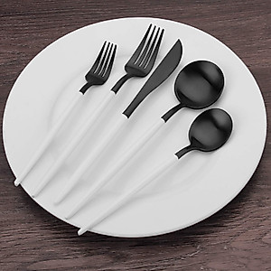 Matte Black Silverware Set with white handle, Bysta 5-Piece Stainless Steel Flatware Set, Kitchen Utensil Set Service for 1, Tableware Cutlery Set for Home and Restaurant, Dishwasher Safe