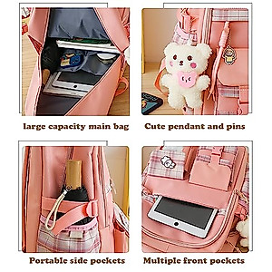 LsdgFriday Kawaii Backpack Set 5Pcs Canvas Plaid School Bag with Cute Pendants Pins Accessories for Teen Girls Aesthetic Backpack Shoulder Tote Bags Daypack for Back To School