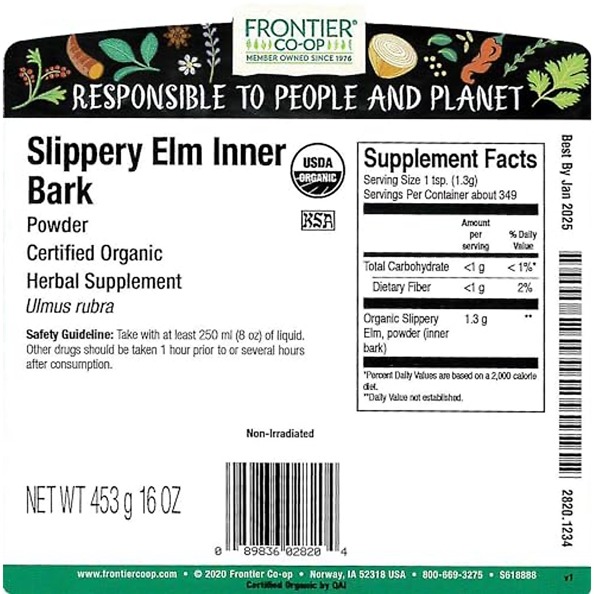 Frontier Herb Bulk Slippery Elm Bark Organic Powder Inner Bark, 1 Pound