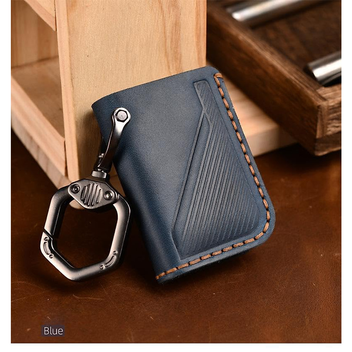 SANRILY Handmade Leather Smart Key Fob Cover for LYNK&CO 05 06 01 09 Accessories Keyless Key Fob Case with Keychain Blue