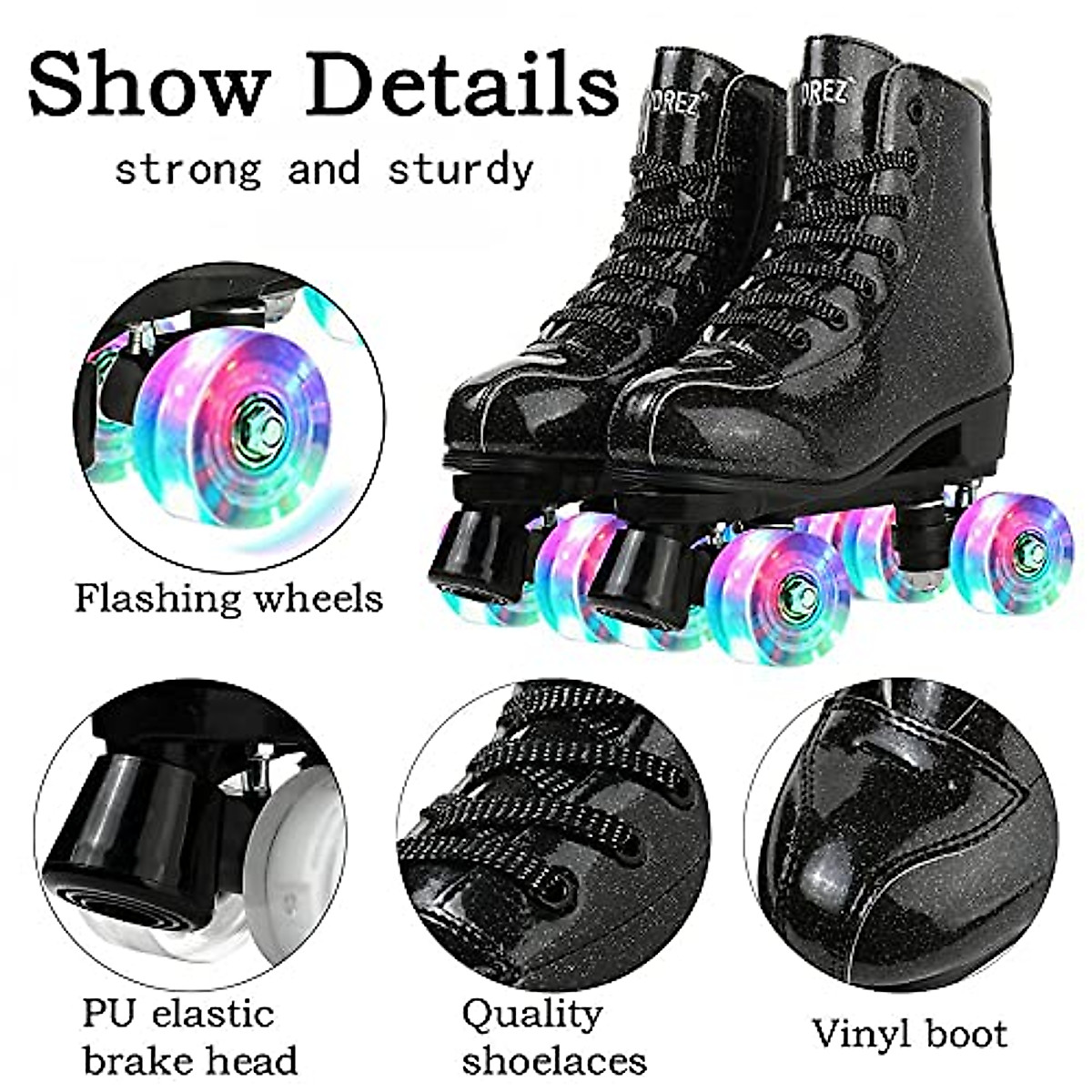 Roller Skates for Men, Women,Shiny Light Up Roller Skates for Beginner,Outdoor and Indoor Four Wheels High-Top Roller Skates (Black Crystal,Flash Wheel,37)
