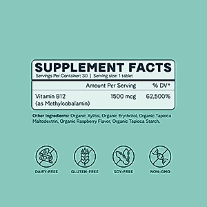 Ora Organic Vitamin B12 1500mcg - plant-based methylcobalamin for adults - Natural stimulant-free energy, Raspberry flavor chewable tablets, no added sugar - 30 tablets