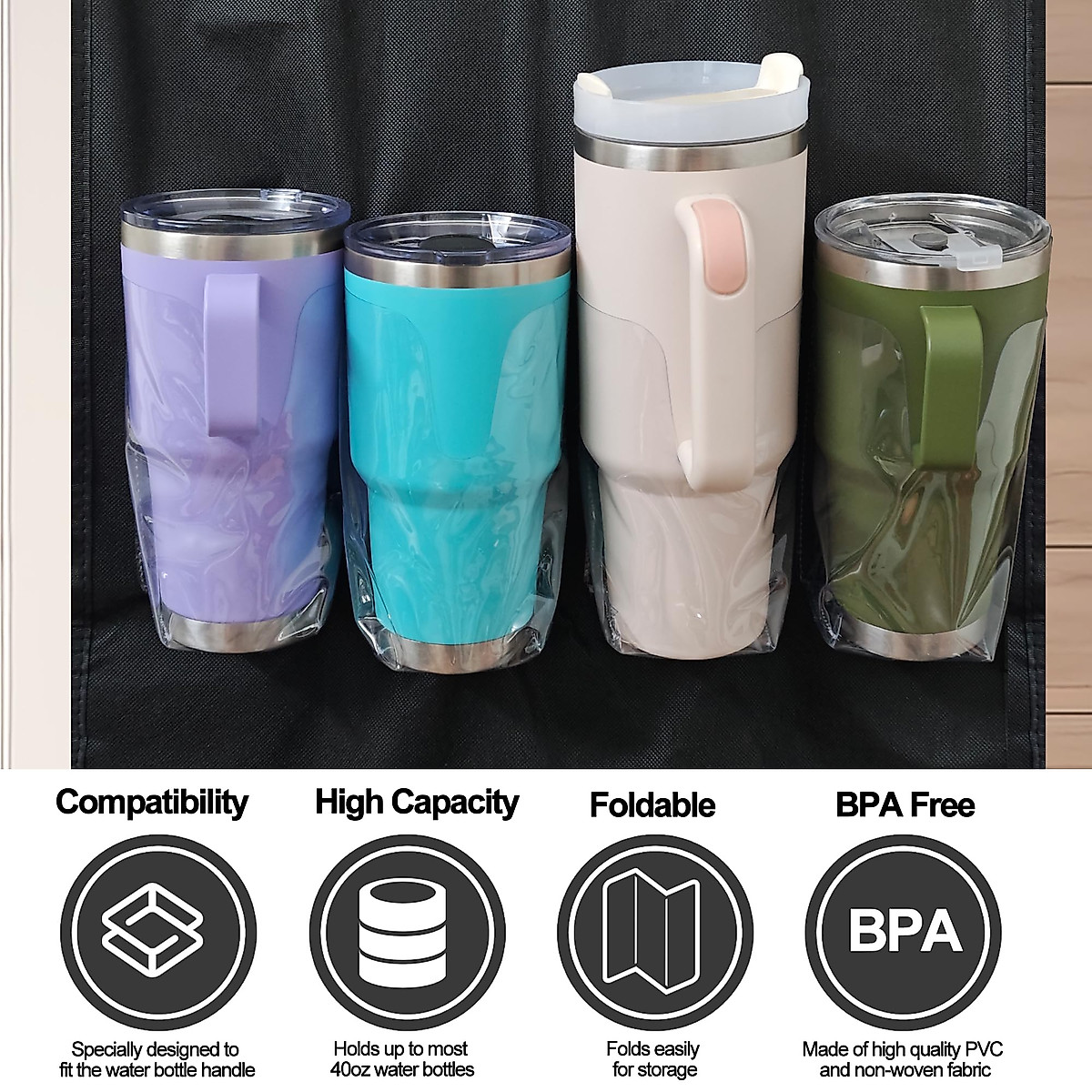 Ehzyaz Water Bottle Holder for Stanley Cup, 12 Pockets Large Capacity Water Bottle Organizer for Stanley 40oz Tumbler, Portable Foldable Hanging Bag for Door Kitchen Cabinet Pantry Bedroom