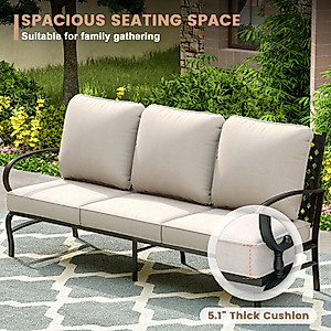 VICLLAX Patio Furniture Set 4 Pieces Outdoor Conversation Set, 3-Seat Sofa with 45" Ceramic Tabletop Fire Pit and 2 Swivel Sofa Chairs for Garden, Poolside, Backyard, Beige Cushion