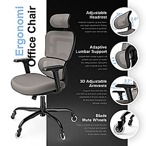 Ergonomic Office Chair - Mesh Office Chair High Back, Rolling Desk Chair, Executive Swivel Chair, Computer Chair with 3D Adjustable Armrest Headrest, 3D Lumbar Support, Blade Wheels