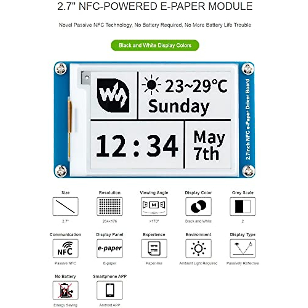 waveshare 2.7inch Passive NFC-Powered e-Paper Module, 264 × 176 Pixels Black and White Display Color, No Battery Needed, No Messy Wiring Wireless Powering & Data Transfer Android APP Provided