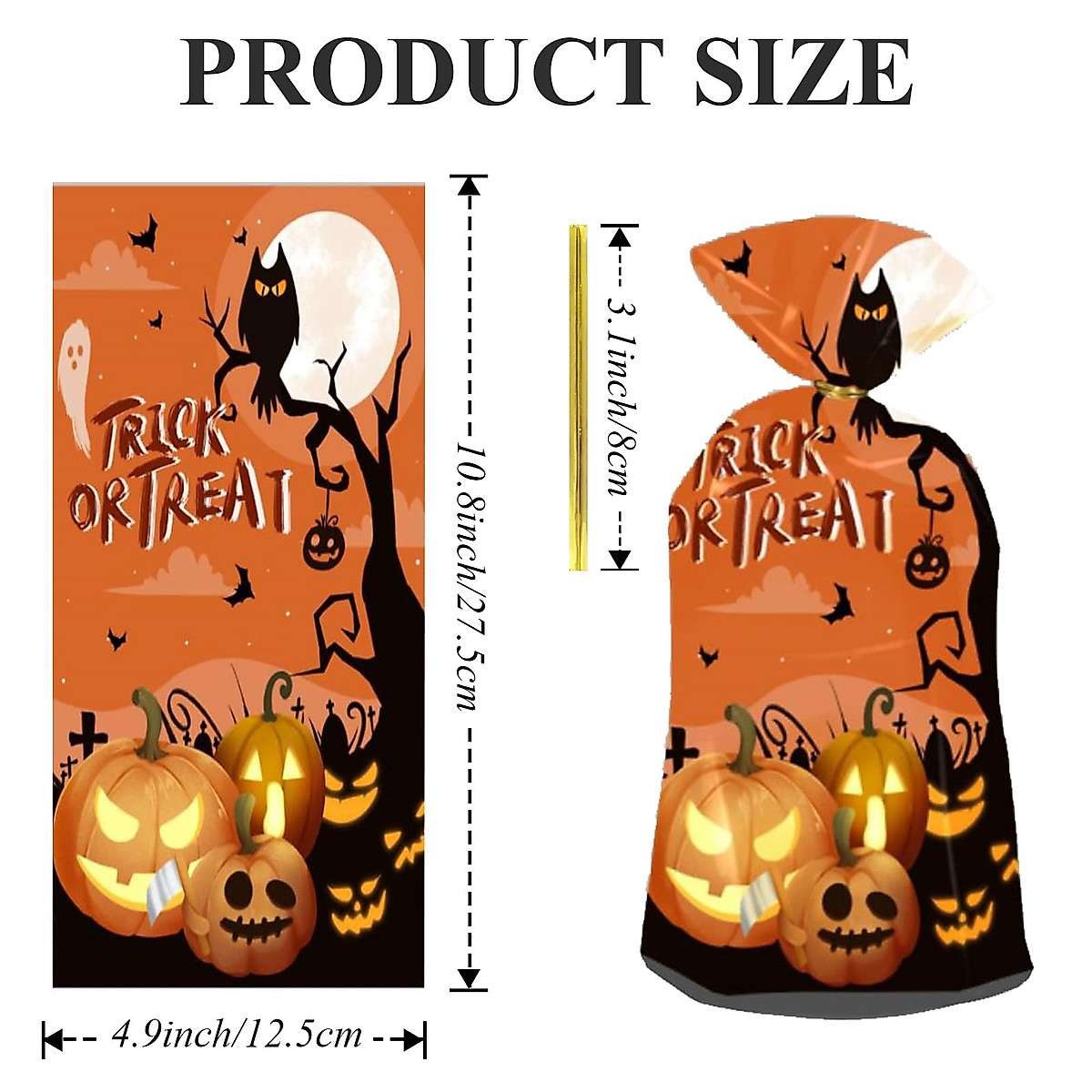 Artby7 Halloween Treat Bags, Halloween Cellophane Treat Bags, 50 PCS Halloween Candy Bags, Halloween Cello Cookie Goodies Gift Bags with 50pcs Ties for Halloween Trick or Treat Party Favors Supplies