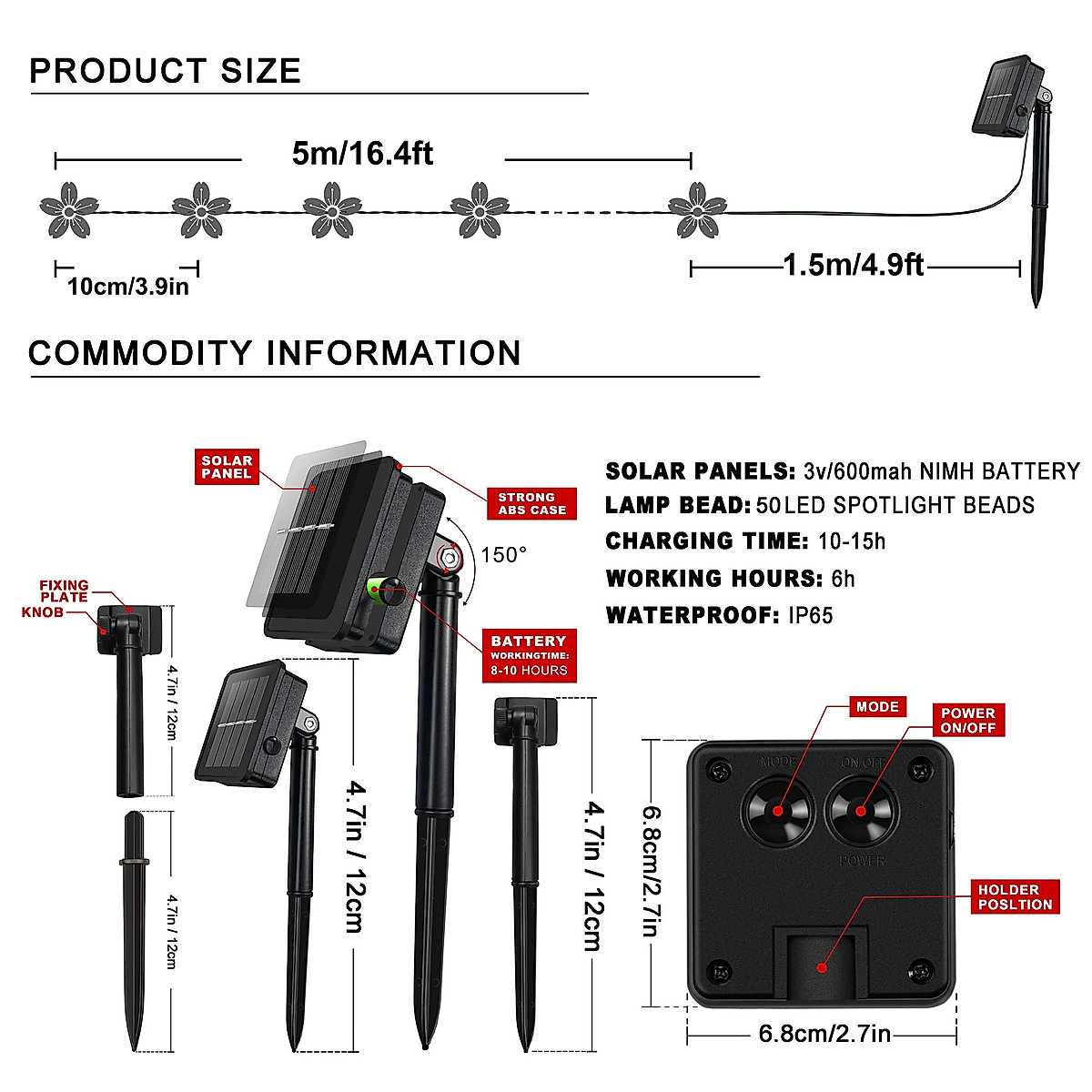 shinymolly 2 Pack Solar String Lights Outdoor Decoracion, 50 LED 21.3ft Warm White Waterproof Fairy Flower String Christmas Lights for Tree, Patio, Indoor Garden, Room, Holiday(50L-Warm White)