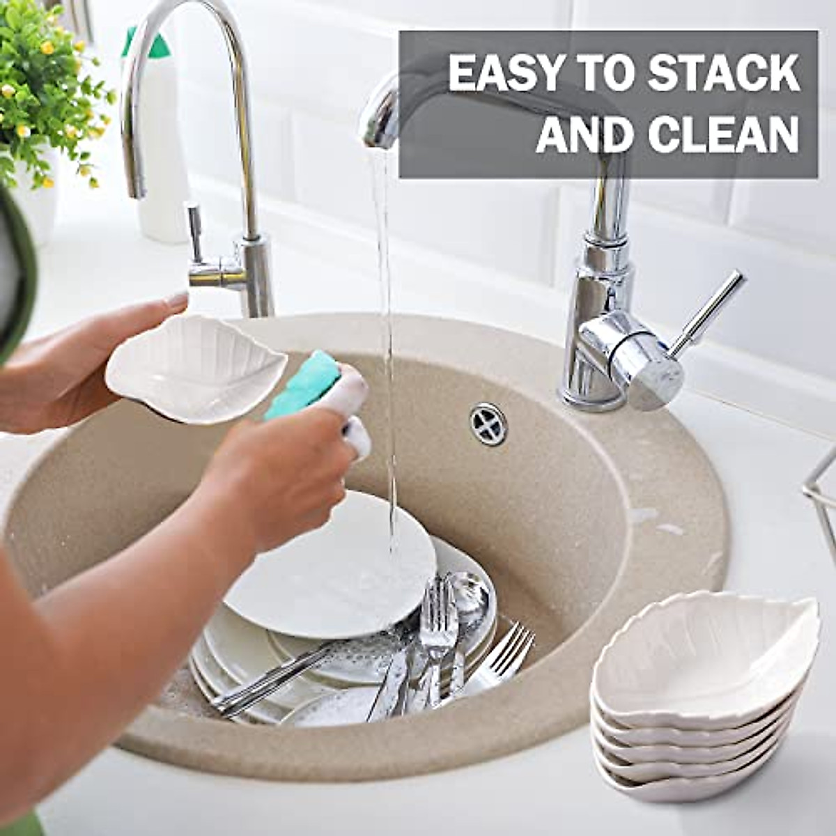 Dizada 6 Pack Ceramic Dip Bowls Leaf Shape,White Porcelain Dipping Soy Sauce Dish Condiments Small bowls Perfect for BBQ sauce,Tomato Sauce,honey mustard and soy sauce (B)