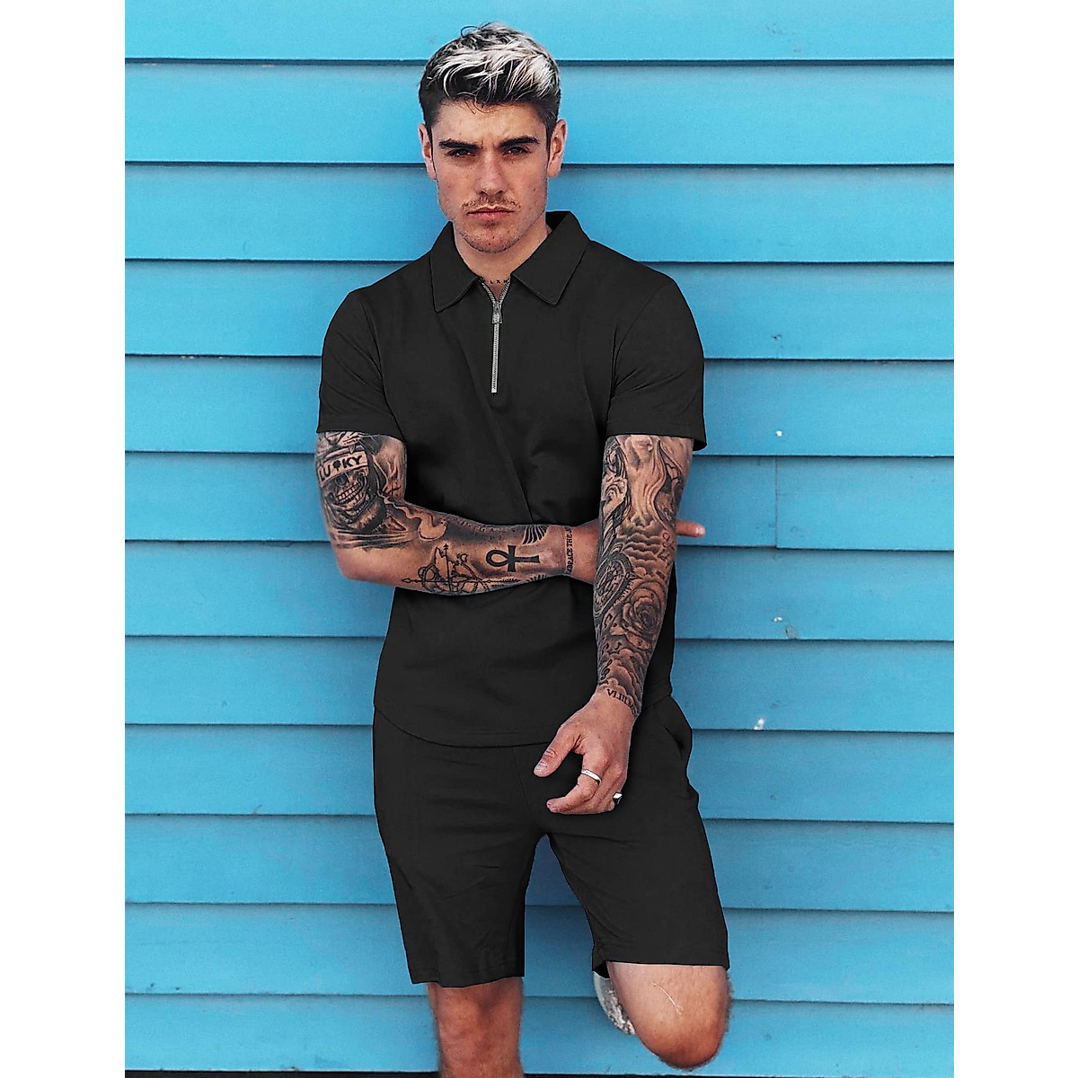 URRU Men's Short Sleeve Polo Shirts Sets Quarter-Zip Casual Slim Fit Lapel Collar Basic Designed Cotton Shirts Set Black M