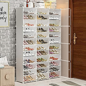 DYRABREST Portable Shoe Rack Enclosed Shoe Organizer, 72 Pairs DIY Shoe Cabinet, White Plastic Closet Shoe Organizer with Transparent Door, Free Standing Shoe Rack Expandable for High Heels, Boots