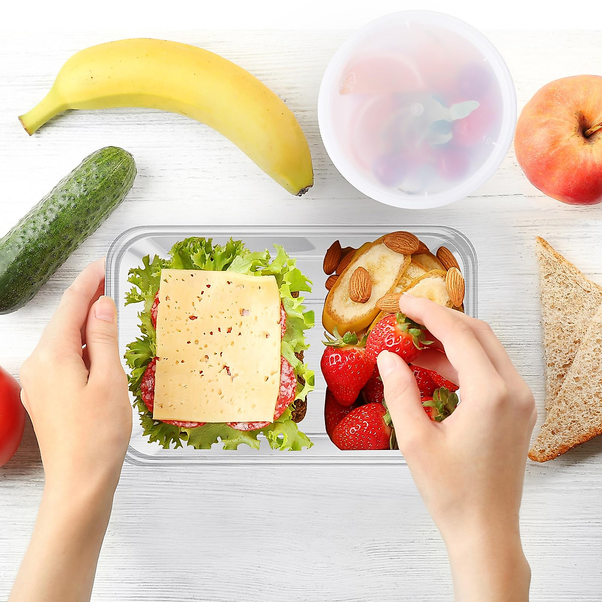 Lallisa 100 Pack Plastic Clear Food Storage Containers with Lids 16 oz Round Plastic Deli Containers 26 oz Rectangle Disposable Meal Prep Containers for Microwave Freezer Dishwasher