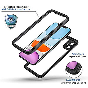 Lanhiem iPhone 11 Waterproof Case, 360 Full Body Protection Underwater Dustproof Shockproof Clear Cover with Built-in Screen Protector for iPhone 11 6.1 Inch (Black/Clear)