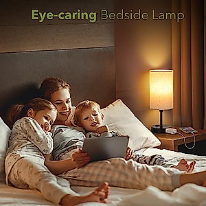 GGOYING Bedside Table Lamp, 3-Color Modes Bedroom Lamps 2700K 3500K 5000K with AC Outlet, Linen Cylindrical Lampshade for Livingroom Nightstand Office Reading Working(2-Pack, Bulb Included)