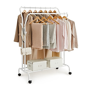 SONGMICS Clothes Rack, Double-Rod Clothing Rack with Wheels, Heavy-Duty Metal Frame, Garment Rack, 220 lb Max. Total Load, 40.7 Inches Wide, Clothes Storage and Display, White UHSR107W01