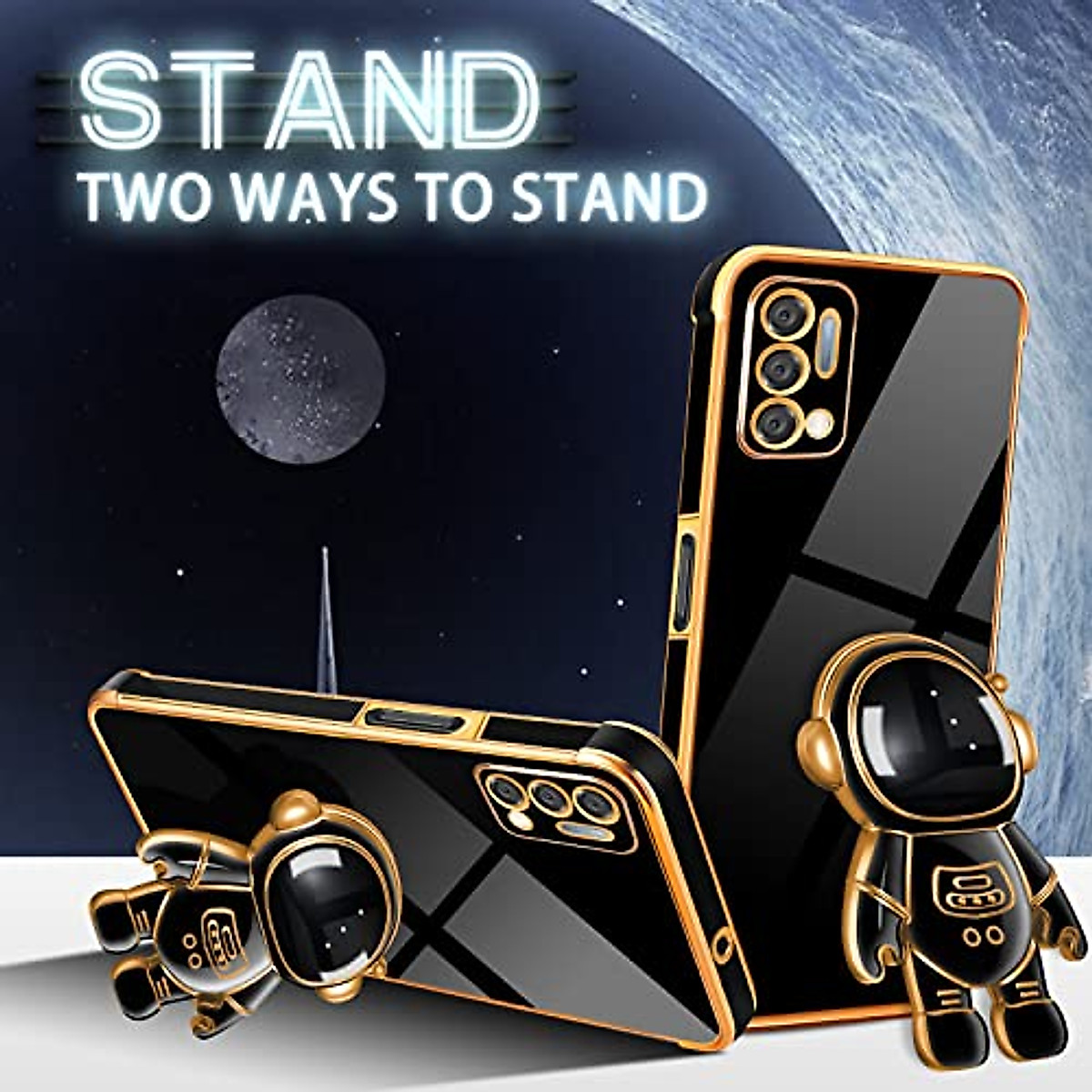 Buleens for OnePlus Nord N200 5G Case with Astronaut Stand, Girls Women Nord N200 5G Cases, Cute Girly 6D Outer Space Heart Pattern Phone Cover for OnePlus Nord N200 5G 6.49 Inch Black