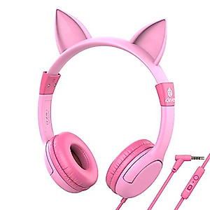 iClever HS01 Kids Headphones with Mic, Food Grade Safe Volume Limited 85/94dB, Cat Ear Headphones for Kids Girls Boys, Wired Children Headphones for Online Learning/School/Travel/Tablet (Pink)
