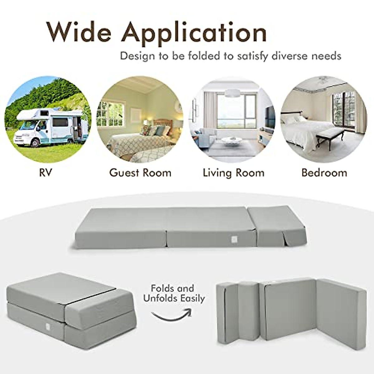 COSTWAY Triple Fold Down Sofa Bed, 3-in-1 Fold Floor Couch Lounge Sleeper with Thick Cushion, Flock Fabric, Convertible Design, Portable Single Guest Bed Mattress for Living Room Bedroom (Grey)