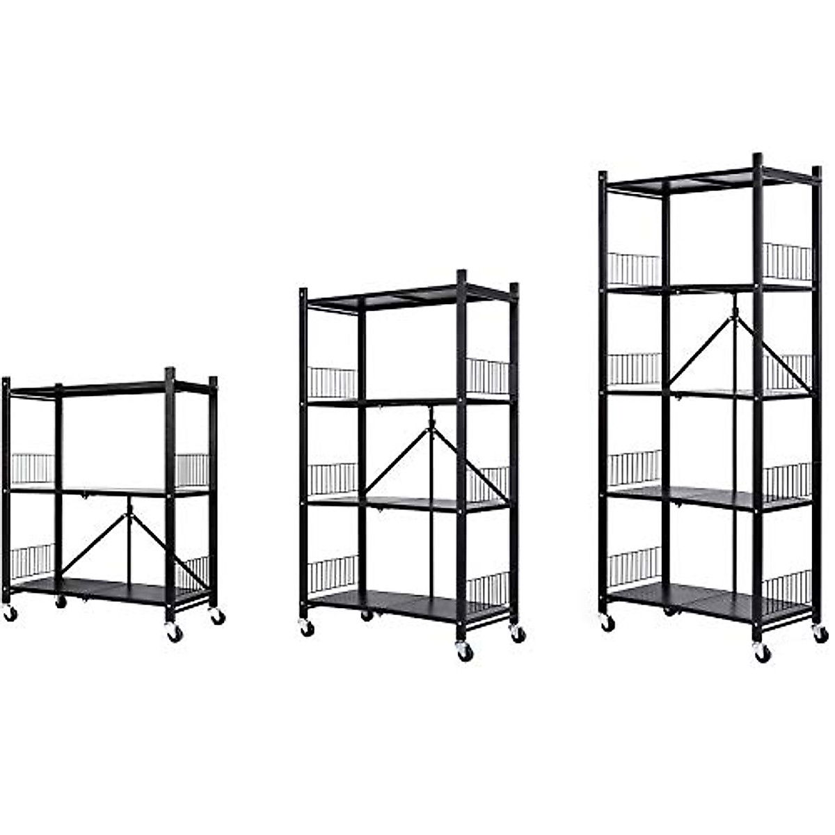 JAQ Foldable Storage Shelves Unit,5-Tier Folding Shelf Rack Organizer Cart with Rolling Wheels for Temporary or Mobile Storage in Garage Kitchen Warehouse Patio Plants Basement ( Black,5-Tier)