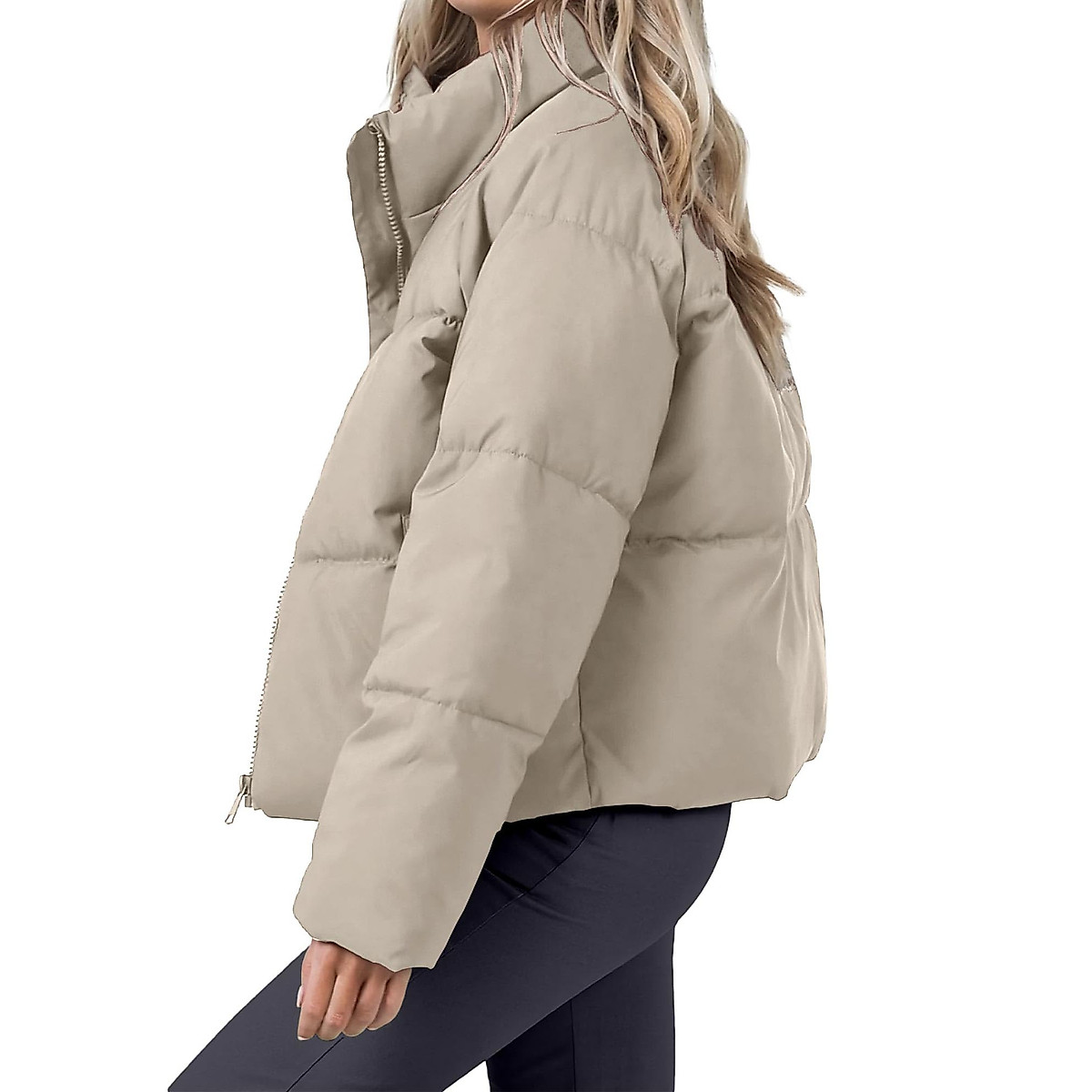 URMOSS Women's 2024 Winter Cropped Puffer Jacket Long Sleeve Stand Collar Oversize Lightweight Zip Up Short Down Coat with Pockets(Khaki,M)