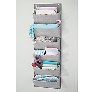 mDesign Soft Fabric Over The Door Hanging Storage Organizer with 6 Large Pockets for Closets in Bedrooms, Hallway, Entryway, Mudroom - Textured Print - Hooks Included - Gray
