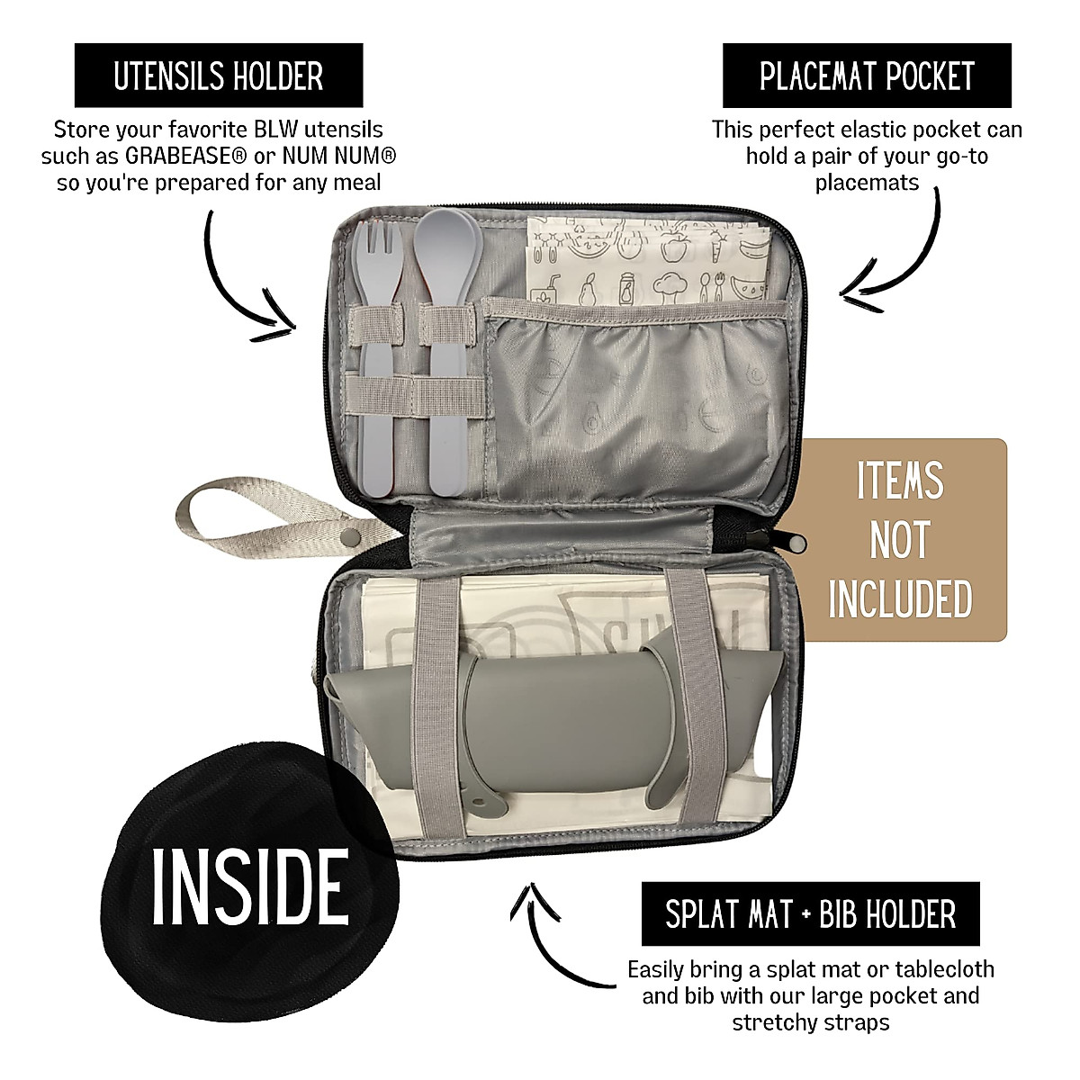 THEO'S Baby Led Weaning Supplies Clutch - Fits Mealtime Essentials and Includes Utensils Loops, Wet-Bag for Baby Wipes or Dirty Items, & Storage for Bibs & Disposable Mats for Under High Chair