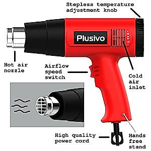 Heat Gun 2000W Fast Heat Heavy Duty Hot Air Gun Adjustable Temperature Control 122~1112℉ (50-600℃) Dual Speed 4 Nozzles for DIY Crafts, Shrinking Tubes, Bending PVC, Stripping Paint from Plusivo