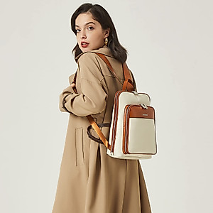 BOSTANTEN Genuine Leather Backpack Purse Casual College Travel Bags for Women and Women Leather Wallet RFID Blocking Small Bifold Zipper Pocket Wallet Card Case Purse with ID Window Beige with Brown