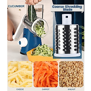 Rotary Cheese Grater Round Mandolin Slicer, Ourokhome Handheld Hashbrown Shredder with 3 Drum Blades, Kitchen Manual Speed Walnut Grinder for Potato, Carrot, Vegetables, Nuts, Zucchini (Dark Blue)