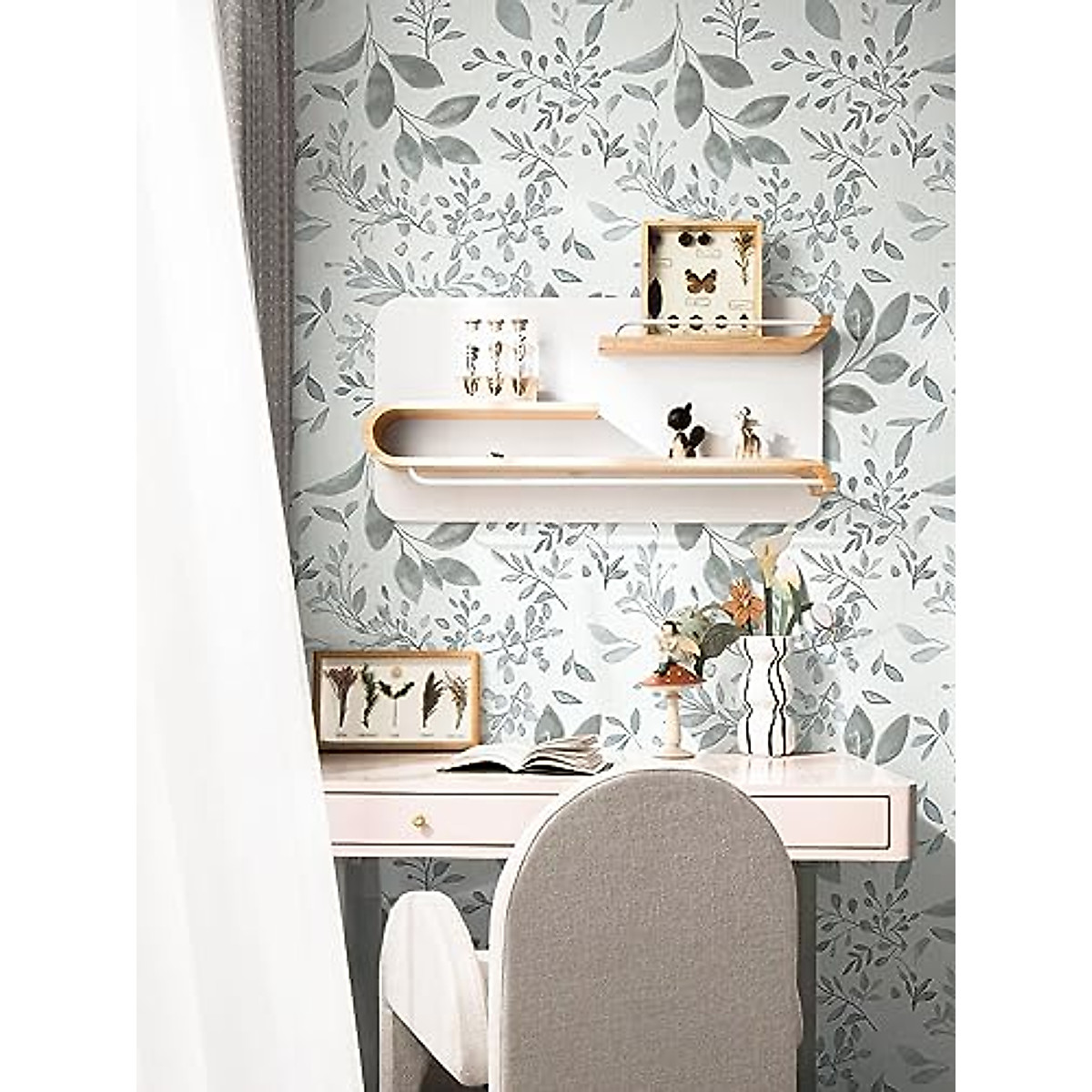 MelunMer Grey Leaf Peel and Stick Wallpaper Boho - Modern Contact Paper Floral Self Adhesive Removable Wallpaper for Bedroom Bathroom Waterproof Gray Contact Paper for Cabinets 78.7 in L 17.3In W