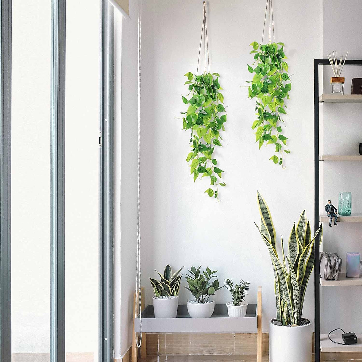 BACAMA Artificial Hanging Plants in White Pot Fake Greenery Vines Decor with Rope for Office Garden Home Wedding Room Decorations 1PCS