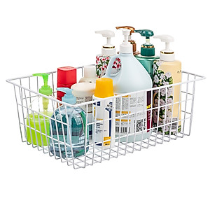 iPEGTOP Wire Storage Freezer Baskets, Set of 2 Large 15.2" Farmhouse Organizer Storage Bins Fridge Basket Rack with Handles for Kitchen Cabinets, Pantry, Office, Bathroom Organization- White