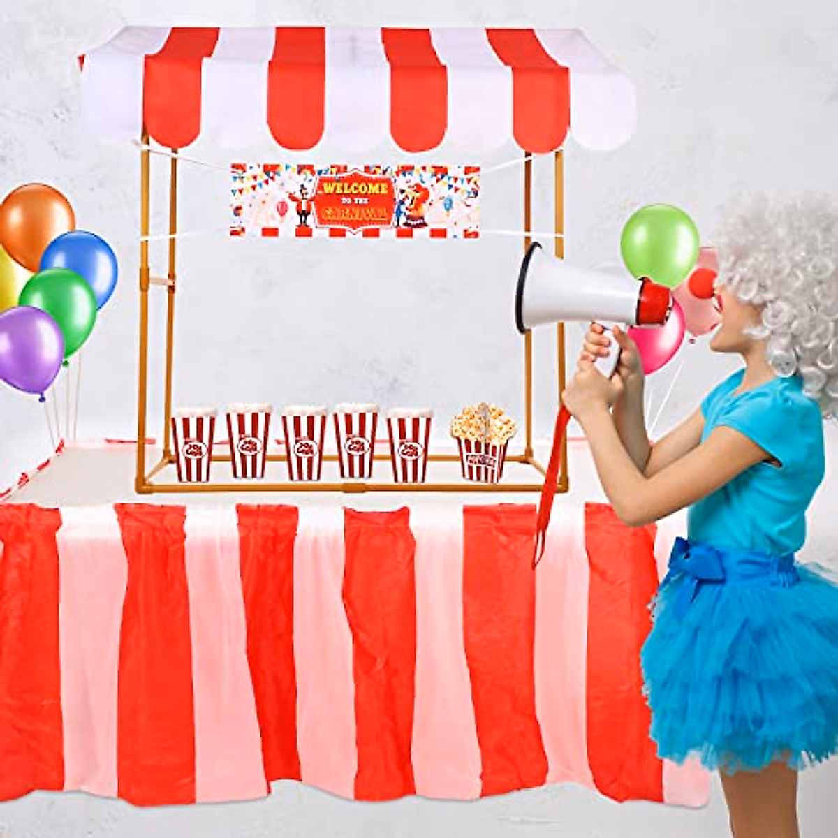 Jutom 45 Pcs Carnival Tabletop Decorating Kit Carnival Circus Concession Stand Decor Red White Striped Table Skirt Welcome to The Carnival Banner Popcorn Boxes Balloon for Carnival Party Decor