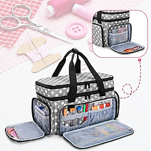 LUXJA Large 2 Layers Sewing Organizer Bag with 5 Detachable Dividers, Sewing Storage Bag for Sewing Supplies, Polka Dots