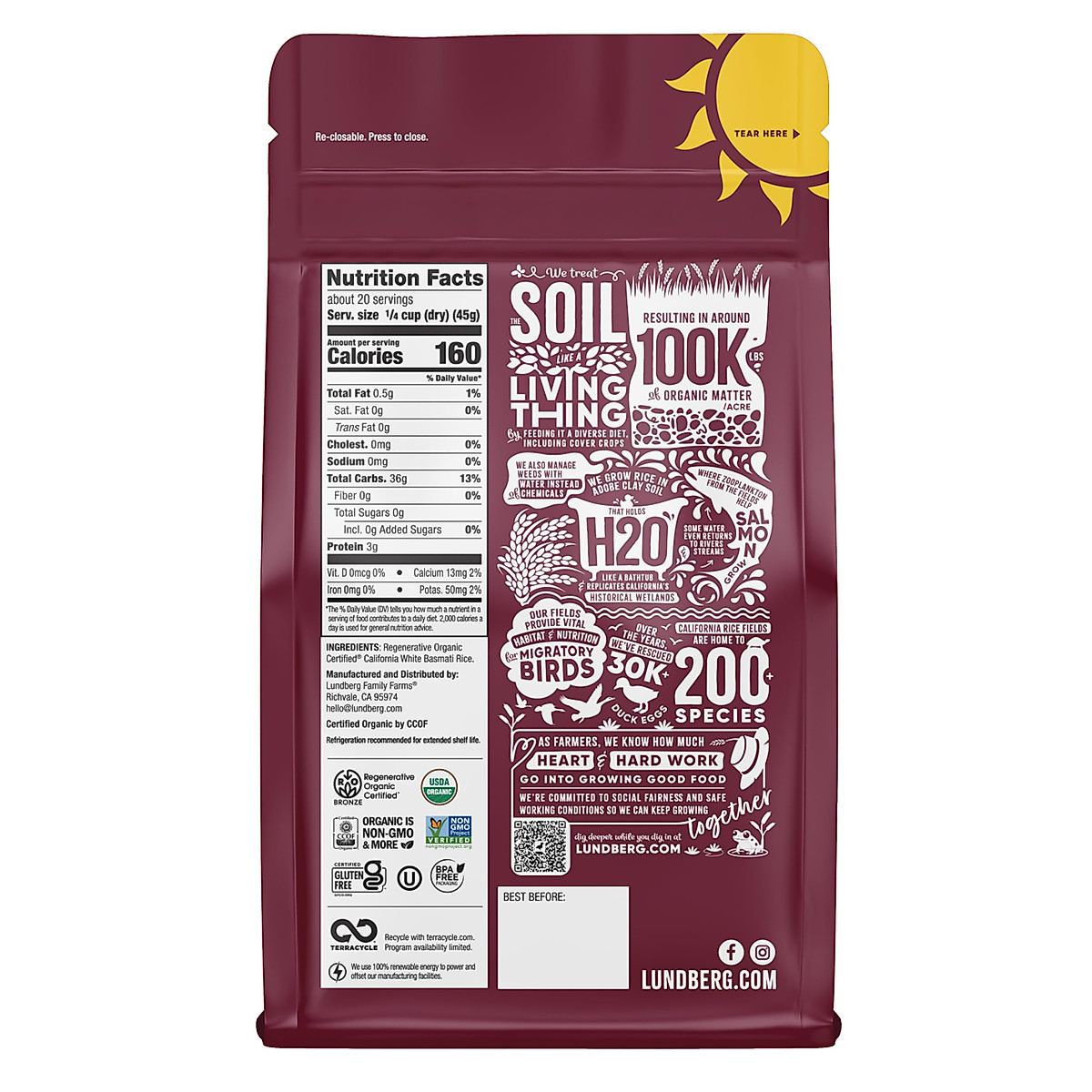 Lundberg Basmati Rice, Long Grain White Rice - Non-Sticky, Fluffy, Nutty, Aromatic Rice, Vegan Food, Healthy Meals, Gluten-Free Rice Grown in California, 32 Oz