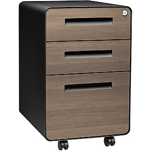 Laura Davidson Furniture Stockpile 3 Drawer File Cabinet with Lock - Under Office Desk Metal Filing Cabinet, Legal/Letter File Folders, Wheels and Stationary Feet, Pre-Assembled, Black/Wood