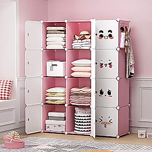 YOZO Cube Storage Organzier Portable Closet Wardrobe Bedroom Dresser (42x14x56 inches) Portable Closet Cube Shelf Armoire Pantry Cabinet, 12 Cubes, Pink
