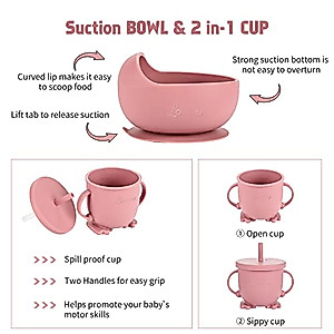 Losecu Silicone Baby Feeding Set|Baby Led Weaning Supplies Set|Suction Baby Plate Bowl Set with Bib Spoon Fork Sippy Cup|Baby Feeding Eating Supplies Set BPA Free