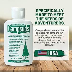 CONCENTRATED CAMPSUDS Outdoor Soap - Environmentally Conscious Camping Soap - Hiking & Camping Supplies - Camp Soap, Backpacking Soap, Travel Soap - Camping Gear Must Haves - 2 Fl Oz Bottle