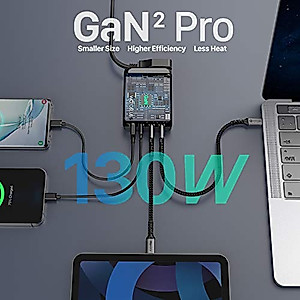 130W USB C GaN Wall Charger WOTOBEUS PD 100W PPS45W Super Fast Charging Station Type-C Laptop QC4+ Power Adapter AC Cable Multiple Ports for iPhone 14 13 iPad MacBook Samsung S23 Pixel Leveno HP Dell