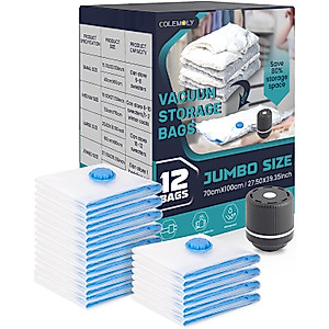 Vacuum Storage Bags 12 Pack Jumbo Vacuum Sealed Bags for Clothing Vacuum Seal Bags Space Saver Bags Compression Bags Vacuum Bags for Travel with 1 Electric Pump