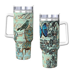 Xiexide 40oz Sweatproof Gifts Vintage French Dark Academia Cottage Butterfly Bird Double Walled Vacuum Insulatedith Handle And Straw,Hot & Cold Drinks