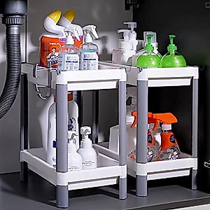 HIEEY 2 Pack Under Sink Organizer,2-Tier Bathroom Organizer,Multi-Purpose Under Sink Shelf Organizer,Bath Collection Baskets with Hooks for Bathroom Kitchen Countertop and Cabinet