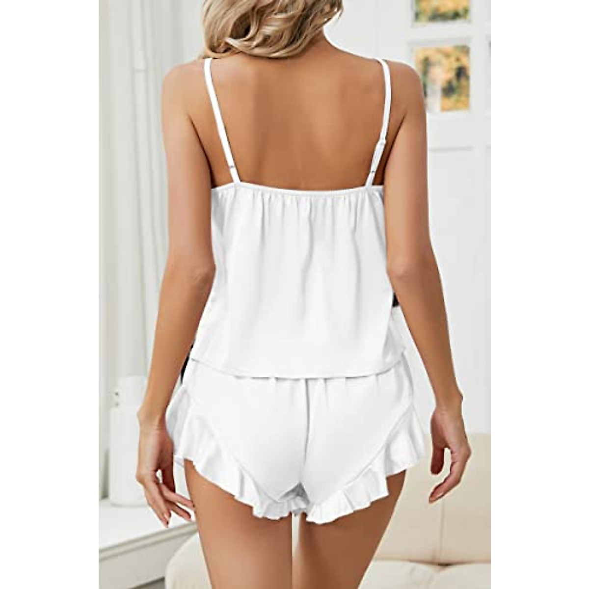 CHYRII Women's Sexy Silk Satin Ruffled Pajamas Sets Cami Shorts Sets Cute PJS Lingerie Slppewear Set White L