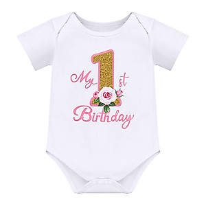 Baby Girl's My 1st Birthday Outfit Flower Printed Cotton Short Sleeve Romper Bodysuit Princess Tutu Tulle Skirt Crown Headband 3pcs Set One Year Old Party Cake Smash Photo Shooting Props Pink