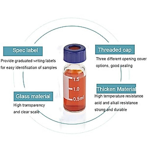 PEKYBIO 2 ml Autosampler Vial, 9-425 HPLC Vial with Writing Area and Graduation, Clear Sample Vial and 9mm Blue Screw Cap with Hole, White PTFE&Red Silicone Septa, 100 of Pack