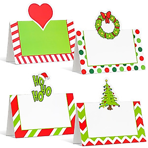 Affrolling 48 Pcs Christmas Place Cards for Table Green Elf Christmas Table Name Cards Green Christmas Elf Place Cards Tented Folded Dinner Name Tag for Birthday Holiday Party