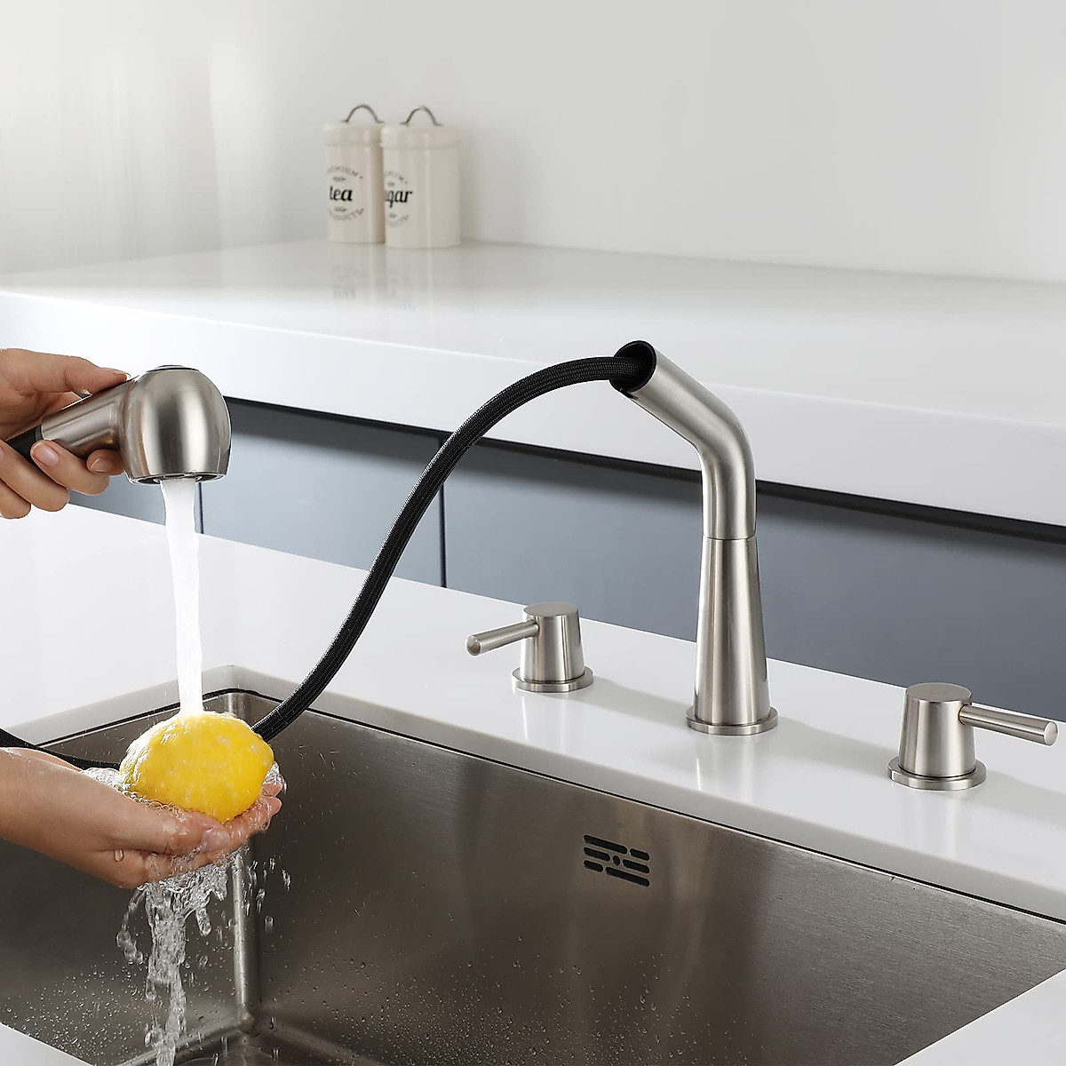 RULIA Kitchen Faucet, 2 Handles Kitchen Sink Faucet, 3 Holes Sink Faucet, Pull Out Kitchen Faucets, Bar Kitchen Faucet, Brushed Nickel, Stainless Steel, RB1060