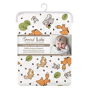 Friendly Forest Deluxe Flannel Swaddle Blanket - Forest Animals Scatter Print Cotton Flannel, Orange, Green, Tan, Gray and White, 48 in x 48 in