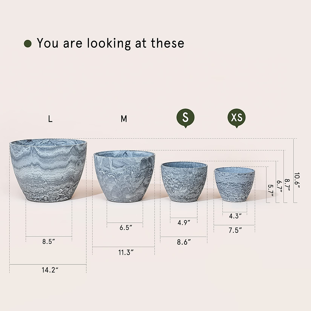 LA JOLIE MUSE Flower Pots Outdoor Garden Planters, Indoor Plant Pots with Drainage Holes, Plastic, Marble Pattern Grey, Set 2 (8.6 + 7.5 Inch)